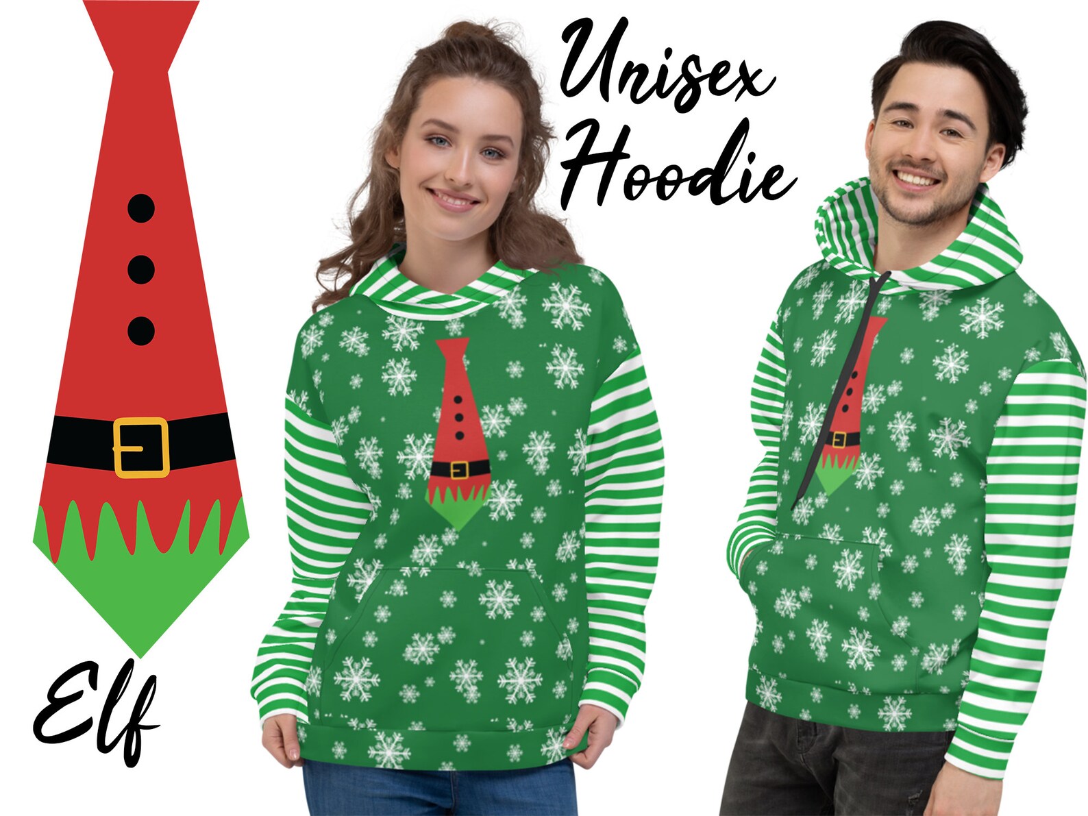 Christmas Elf Tie Hoodie Unisex Gift Snowflakes Striped Fleece Shirt ...