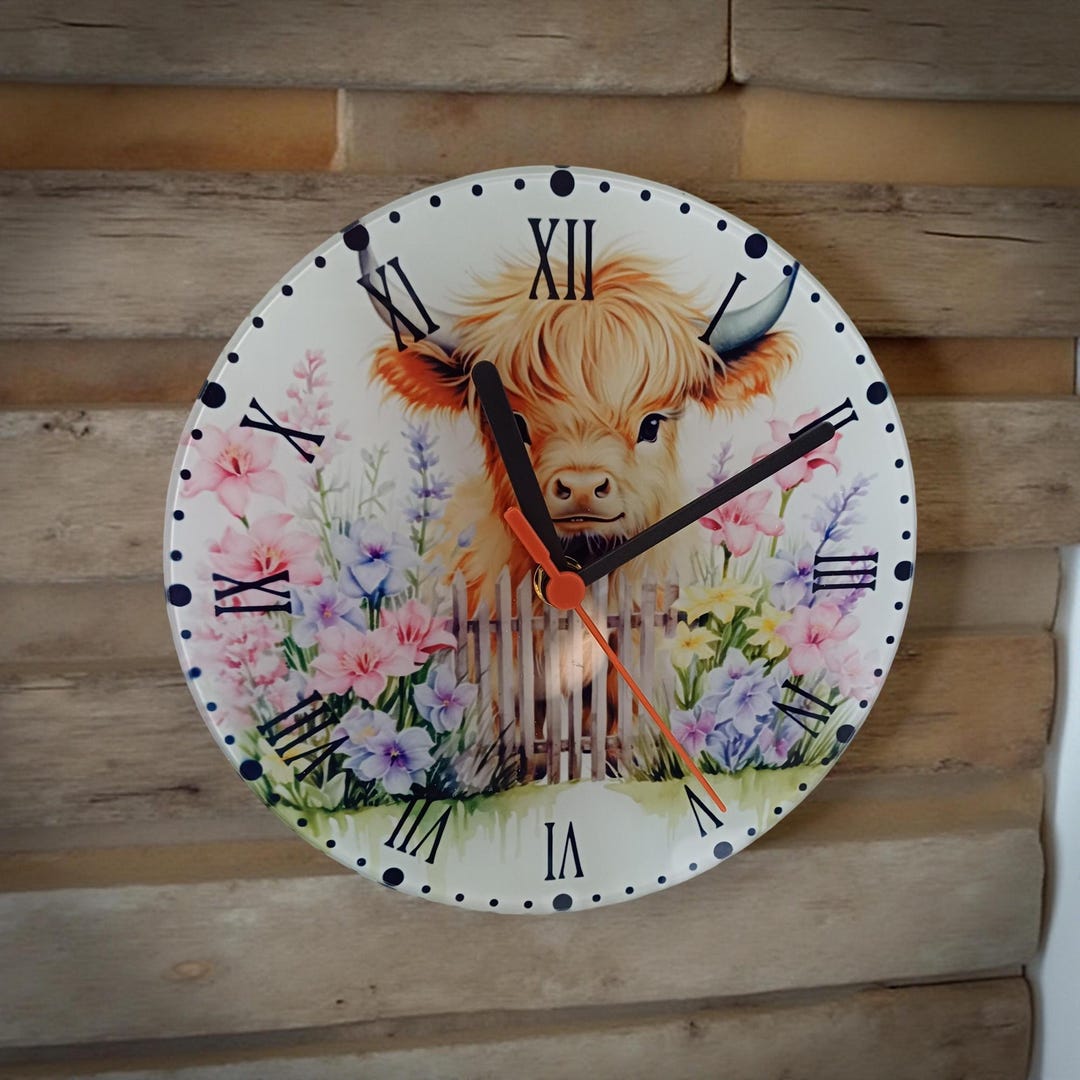 Highland Cow Spring Glass Clock - Etsy UK