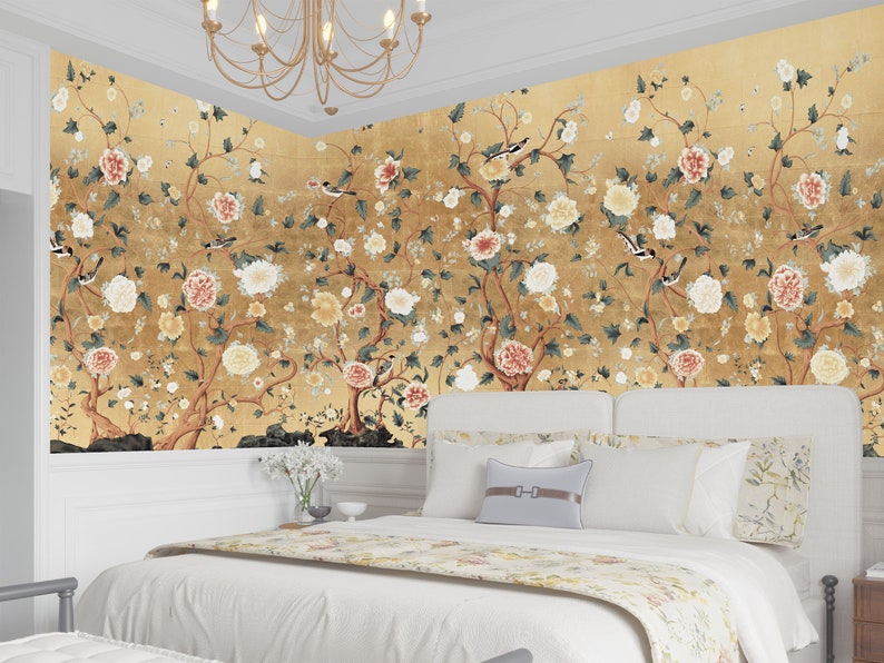 NAUZHA Gold Metallic Chinoiserie Rococo Wallpaper Mural - Etsy