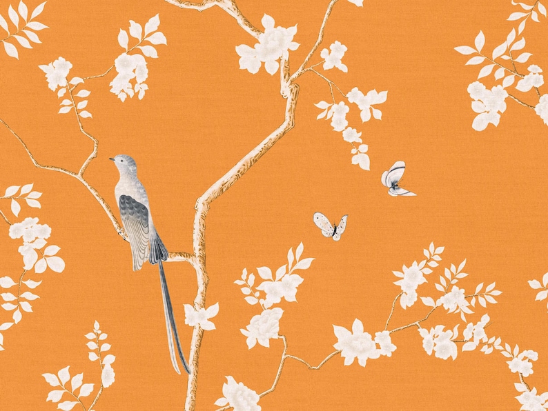 NAUZHA Orange Chinoiserie Wallpaper Mural Vintage Wall - Etsy