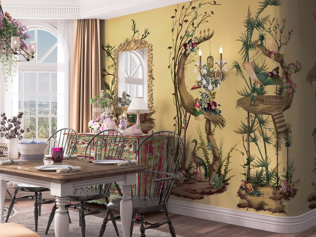 Yellow Rococo Chinoiserie Wallpaper – Antique Oriental Mural – French ...