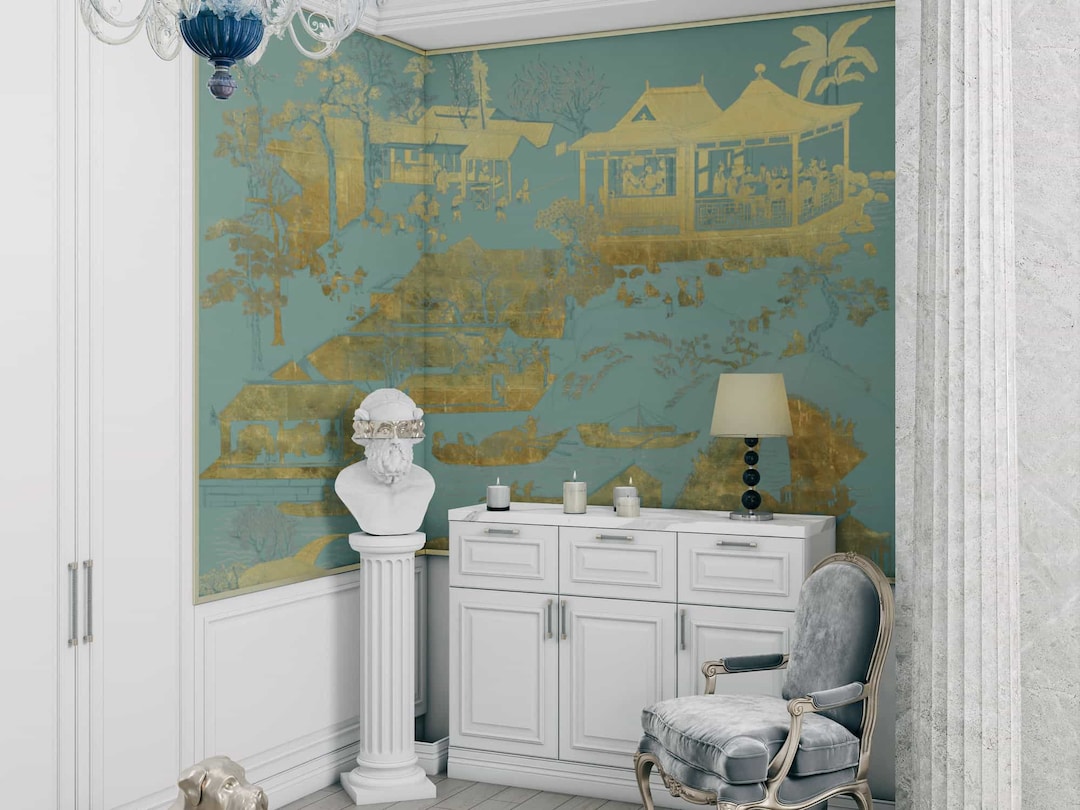 Turquoise Metallic Leaf Chinoiserie Wallpaper – Designer Oriental Mural ...