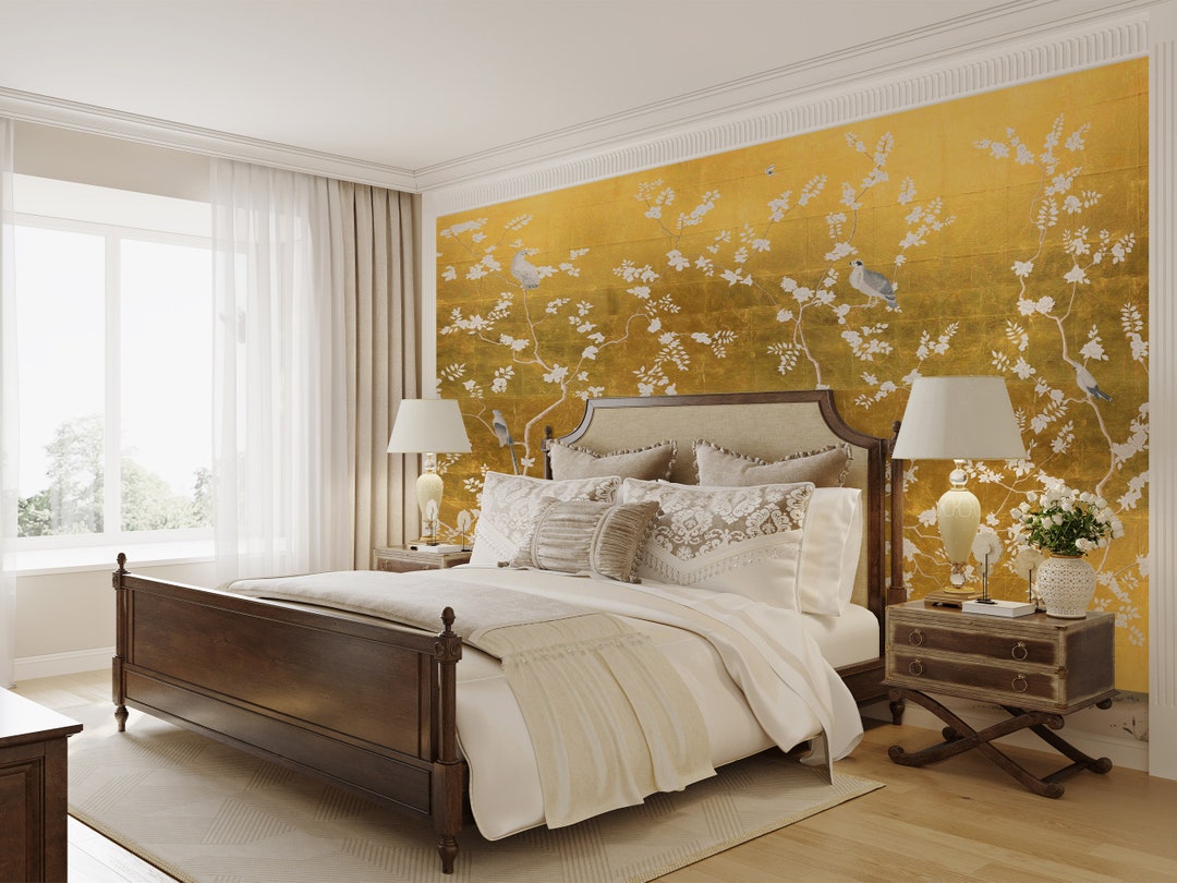 NAUZHA Gold Metallic Chinoiserie Rococo Wallpaper Mural, Vintage Foil ...