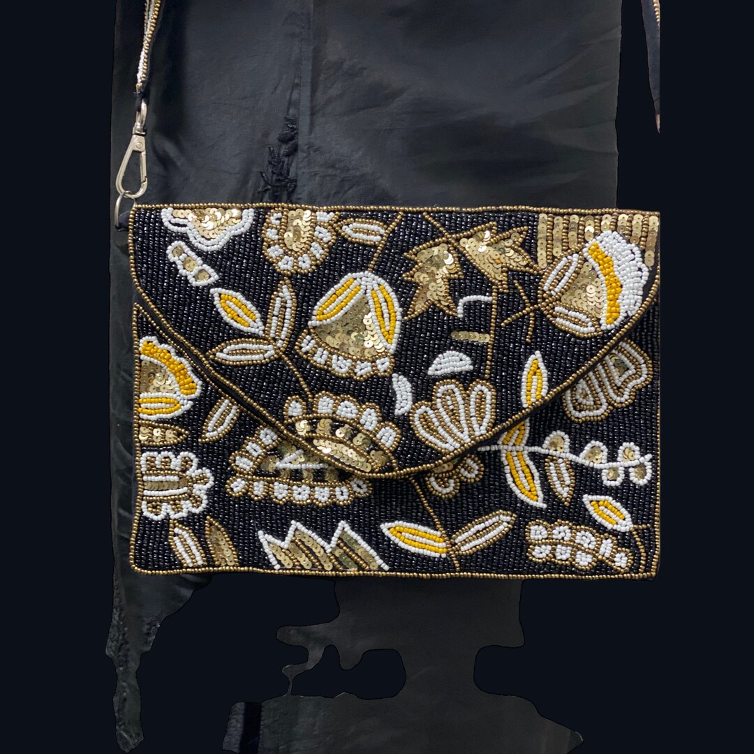 Beaded Clutch Purse,blue Abstract Beaded Design Hand Purse With Strap ...