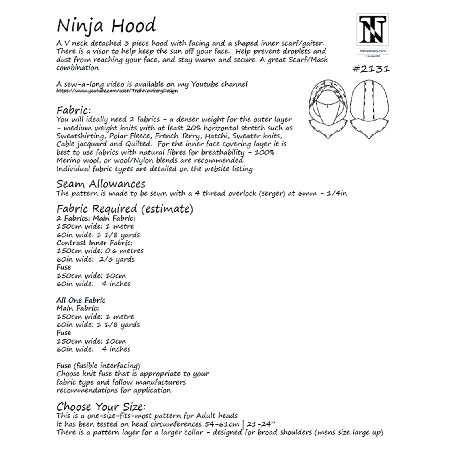 Trish Newbery Design - Ninja Hood - One Size - PDF Sewing Pattern ...
