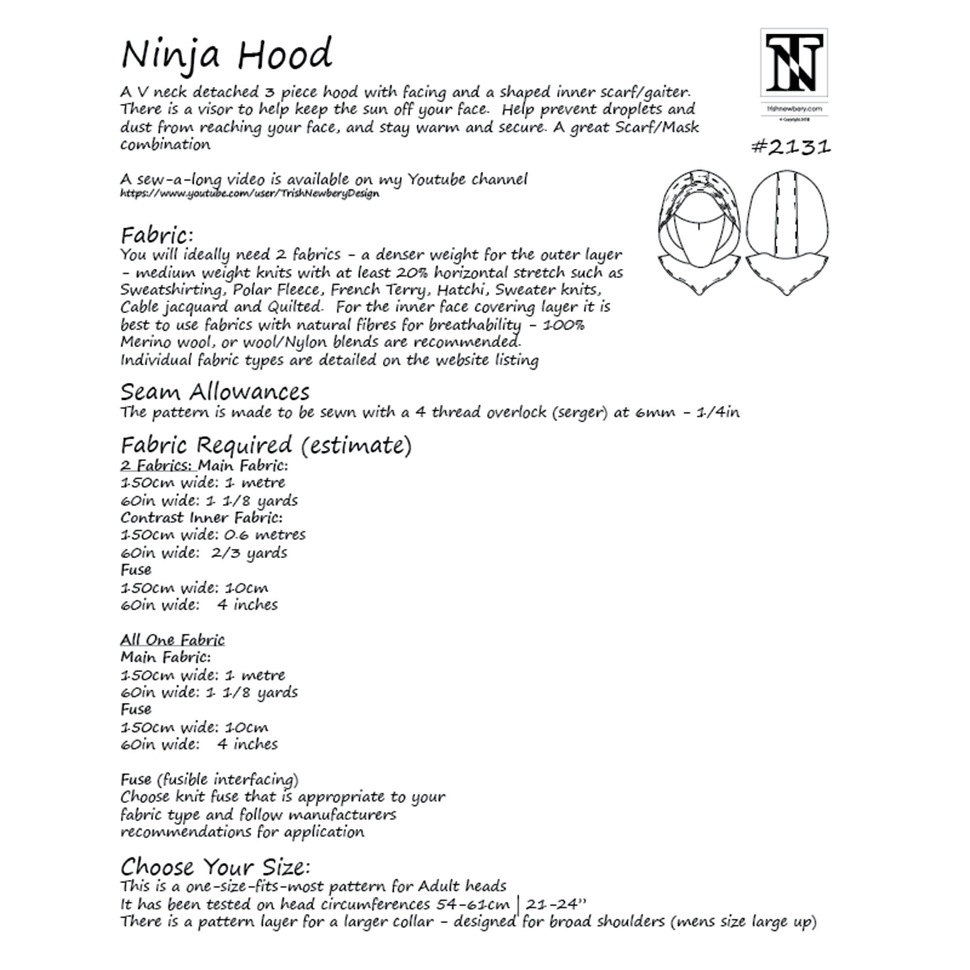Trish Newbery Design Ninja Hood One Size PDF Sewing - Etsy