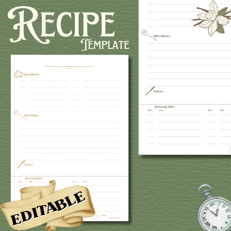 Printable Vintage Recipe Card Template Editable in Canva, Instant ...