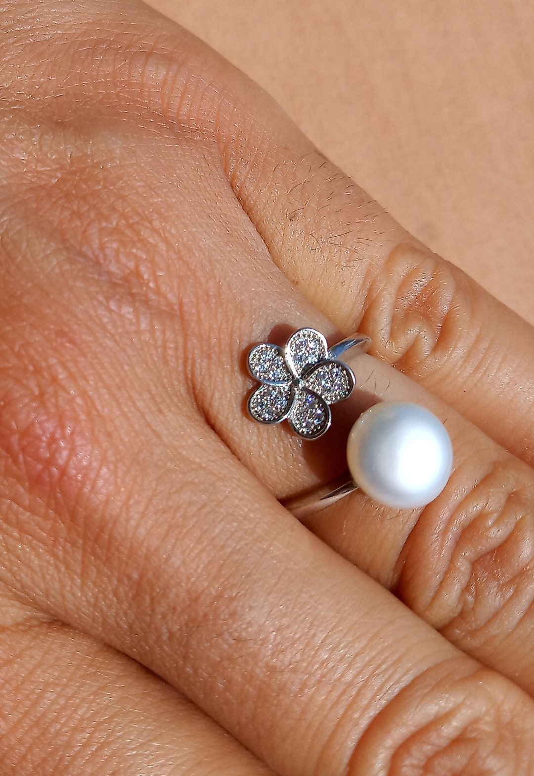Sterling Silver Adjustable Pearl Ring, Genuine Freshwater Pearl, Flower ...