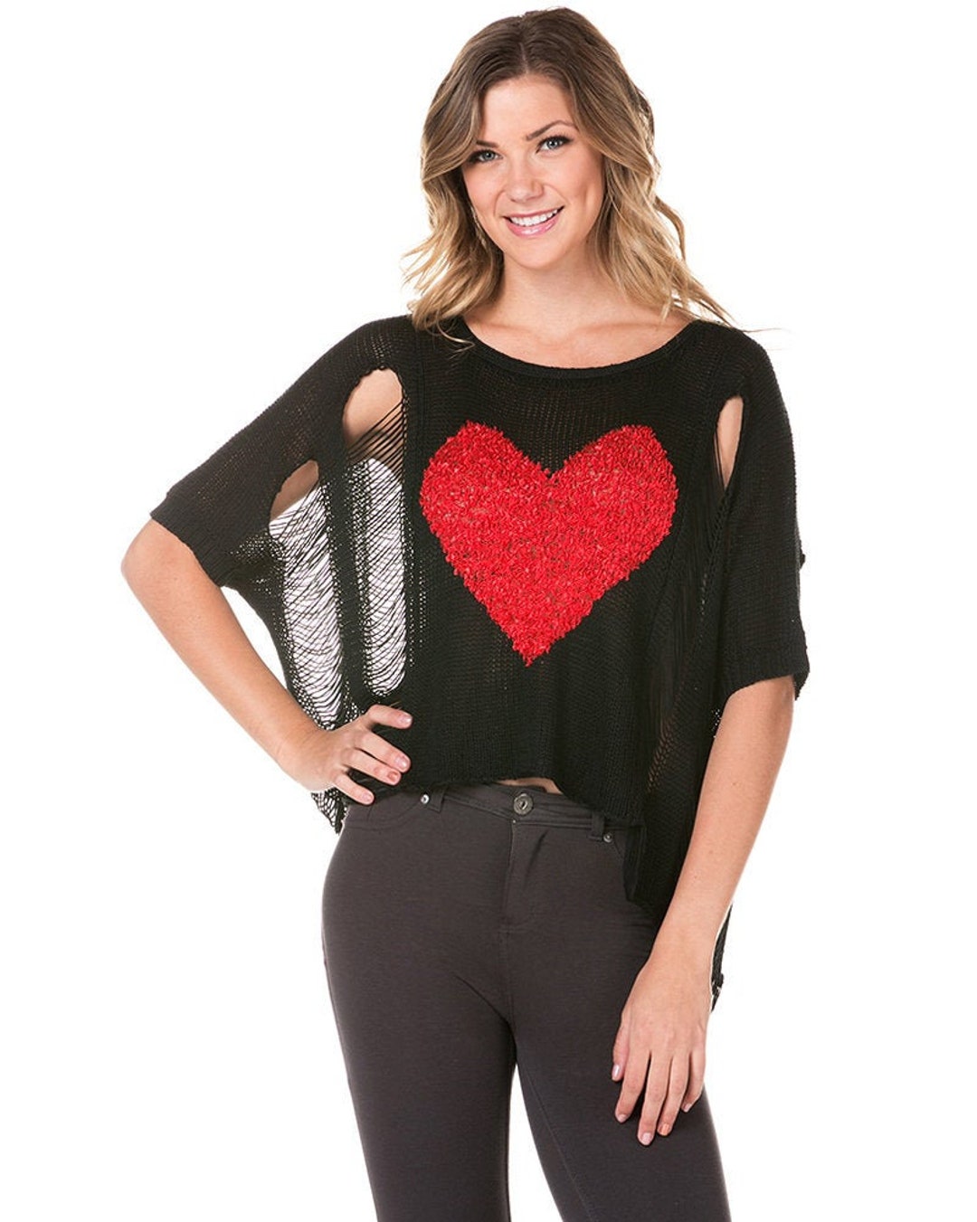Lovely Huge Heart Knitted Loose Fit Sweater With Side Mesh for ...