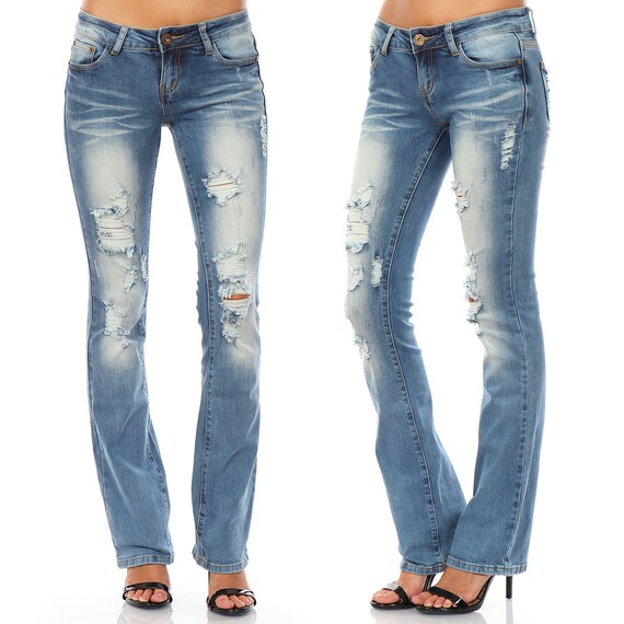 Distressed Denim Cutoffs Flare Jean | Etsy