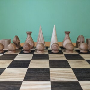 Handmade wood abstract geometric chess set in wooden chest. | Etsy