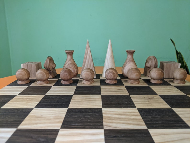 Handmade wood abstract geometric chess set in wooden chest. | Etsy