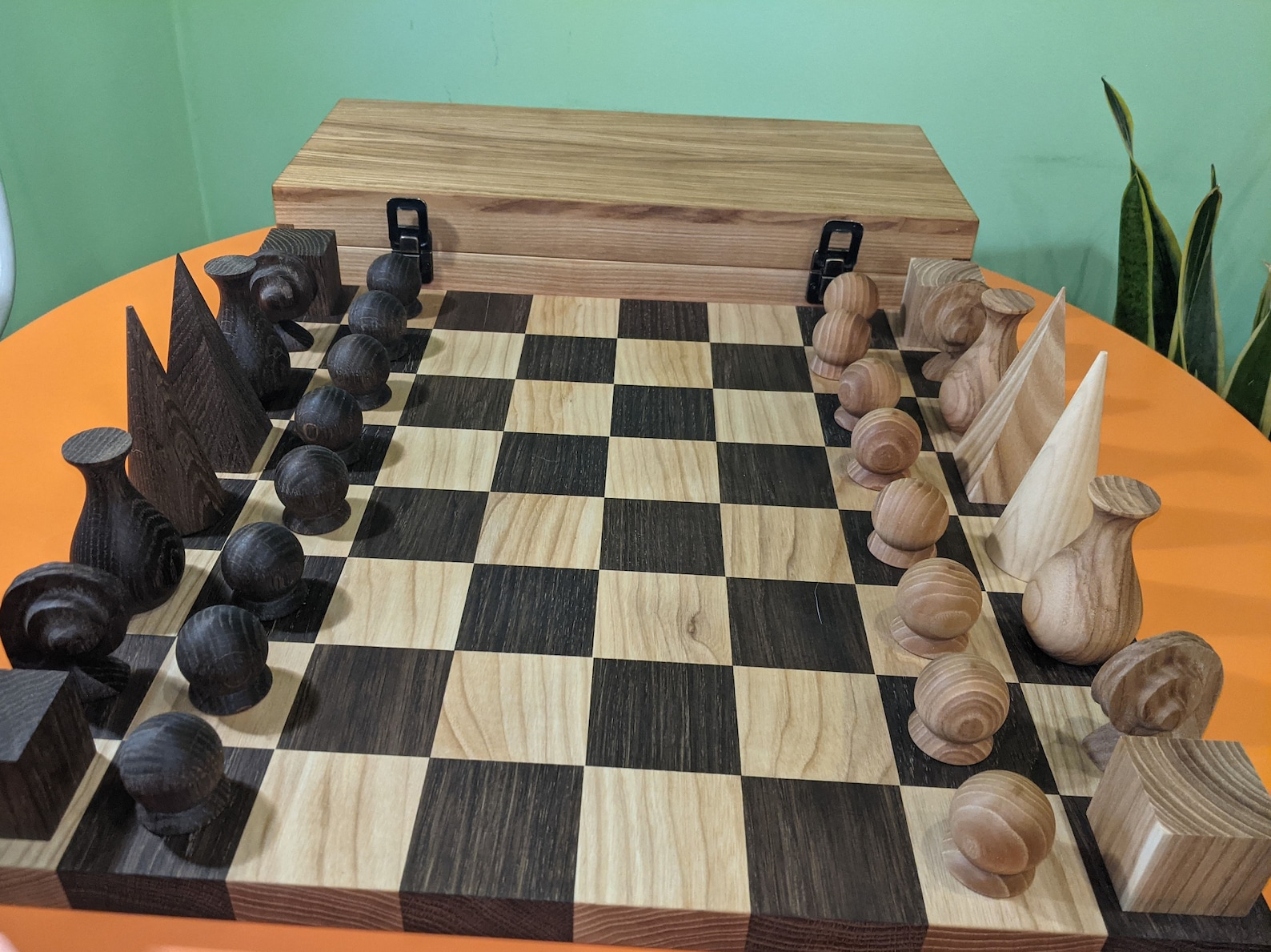 Handmade wood abstract geometric chess set in wooden chest. | Etsy