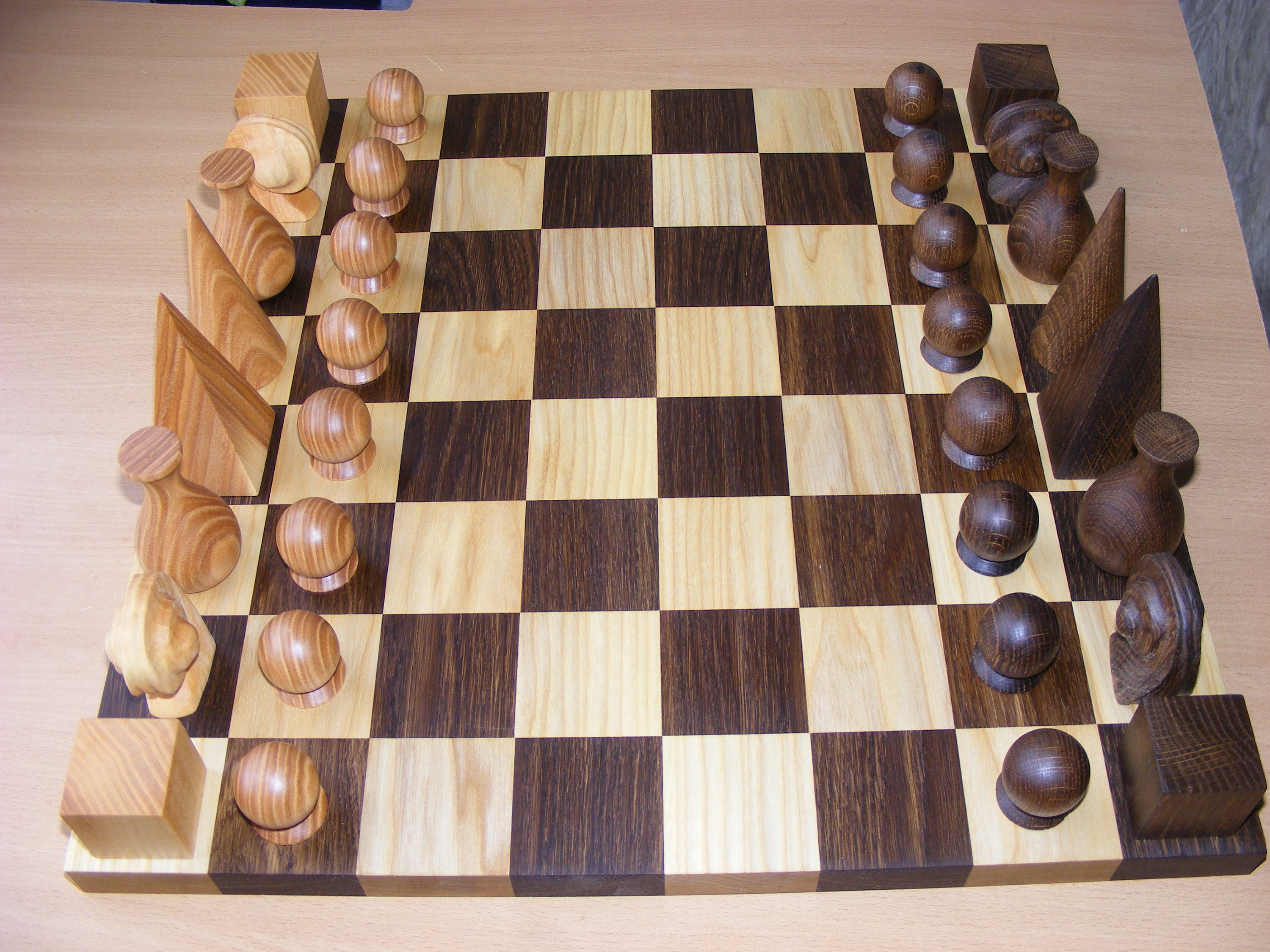 Handmade wood abstract geometric chess set in oak chest. | Etsy