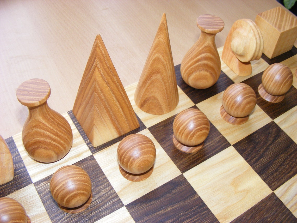 Handmade wood abstract geometric chess set in oak chest. | Etsy