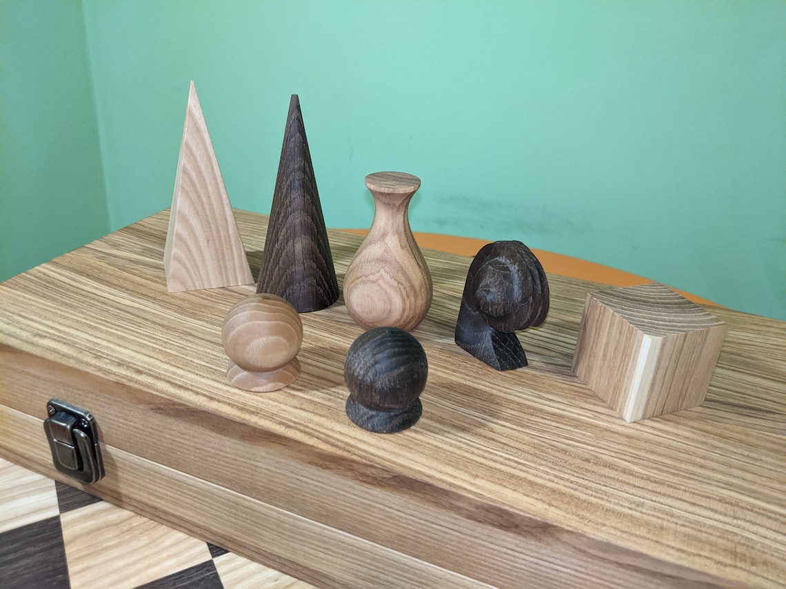 Handmade wood abstract geometric chess set in wooden chest. | Etsy