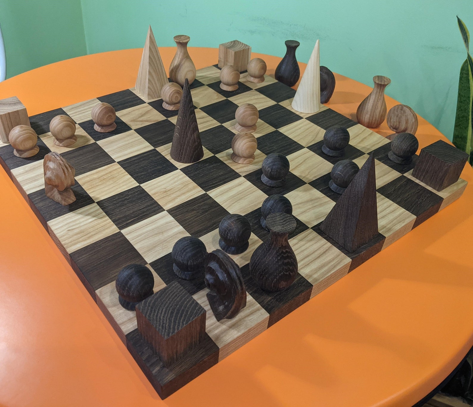 Handmade wood abstract geometric chess set in wooden chest. | Etsy