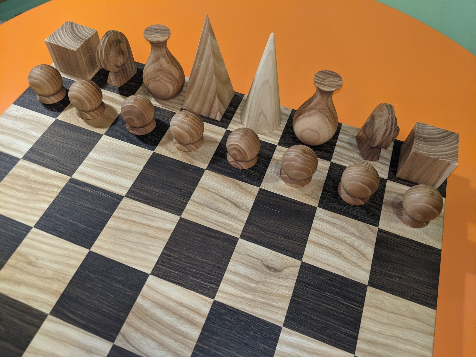 Handmade wood abstract geometric chess set in wooden chest. | Etsy