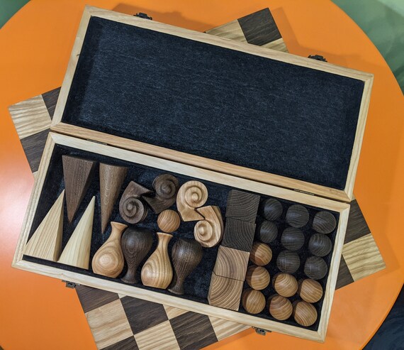 Handmade wood abstract geometric chess set in wooden chest. | Etsy