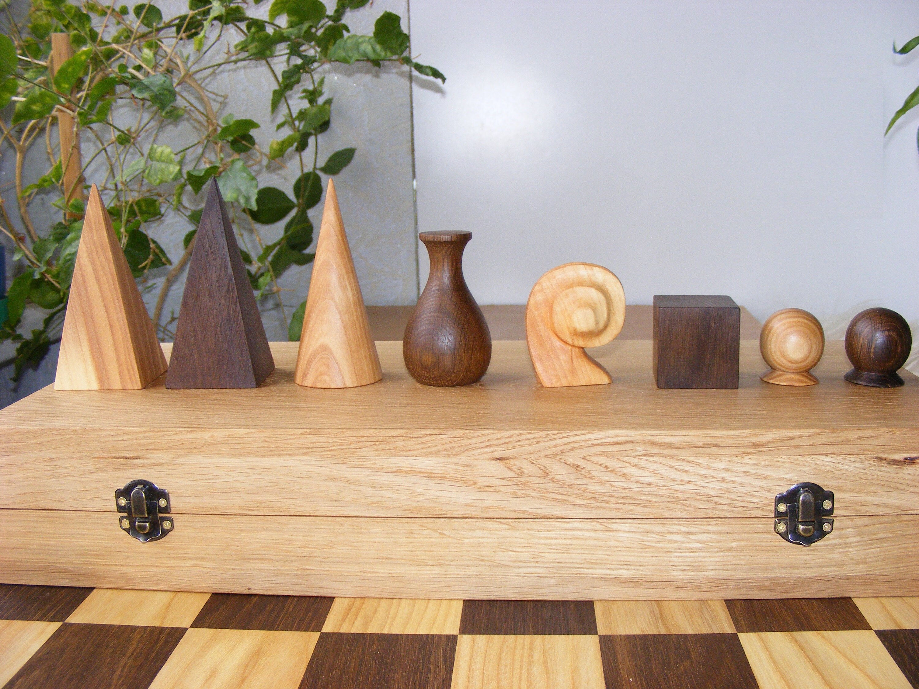 Handmade wood abstract geometric chess set in oak chest. | Etsy