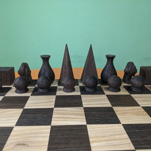 Handmade wood abstract geometric chess set in wooden chest. | Etsy