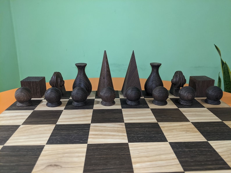 Handmade wood abstract geometric chess set in wooden chest. | Etsy