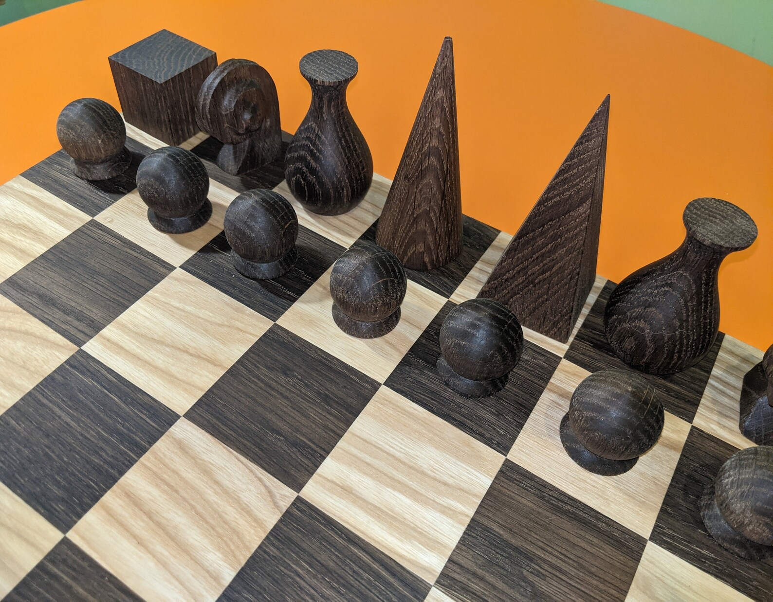 Handmade wood abstract geometric chess set in wooden chest. | Etsy