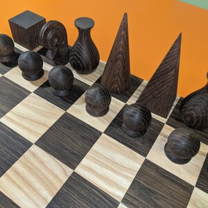 Handmade wood abstract geometric chess set in wooden chest. | Etsy