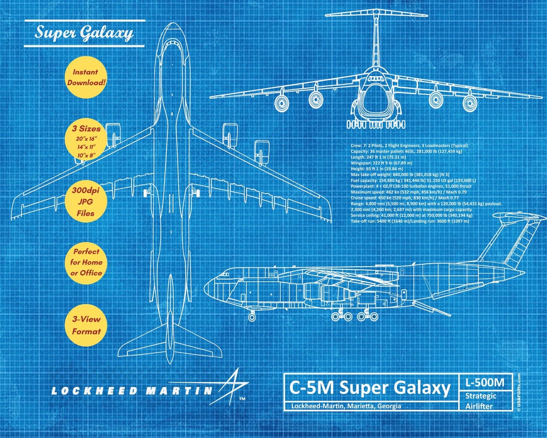 C-5M Super Galaxy Blueprint Poster - Wall Art - Aviation Art - Download ...