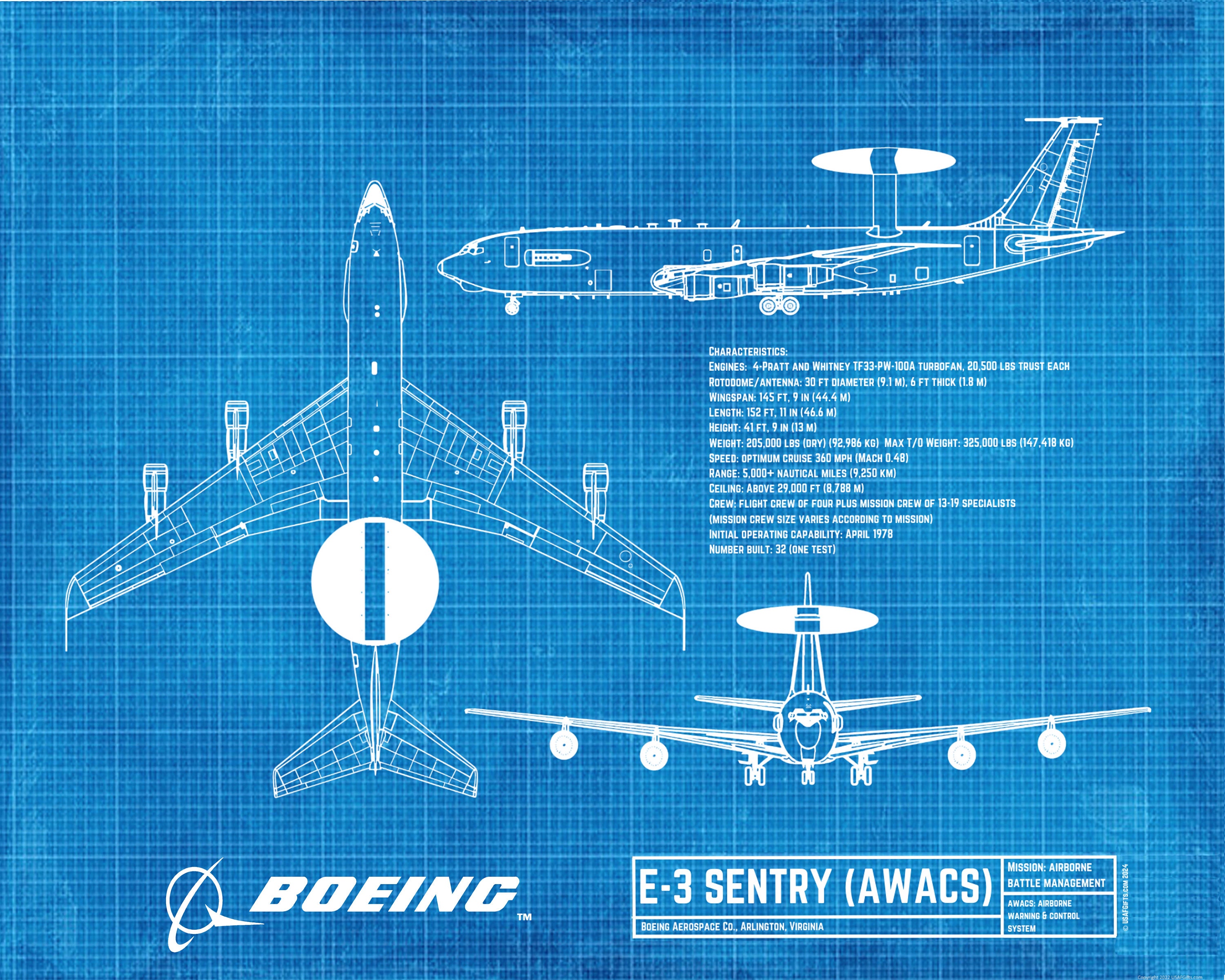 E-3 SENTRY AWACS Blueprint Printable --- Print It Yourself! --- - Etsy