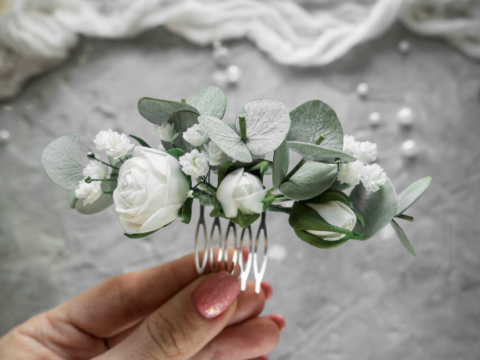 Bridal Eucalyptus Hair Comb White Rose Piece Greenery - Etsy