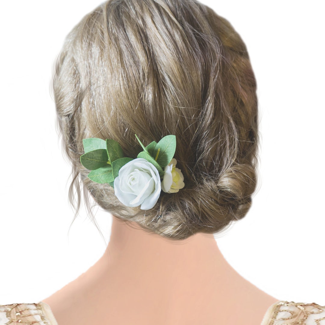 White Rose Hair Piece for Bride With Eucalyptus Leaves and Hygrangea - Etsy