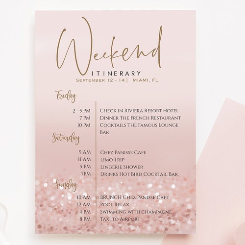 Printable Rose Gold Weekend Itinerary Invitation Birthday | Etsy