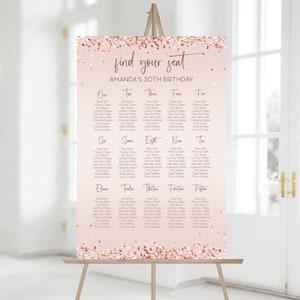Printable Pink Birthday Seating Chart Sign Template, Rose Gold Editable ...