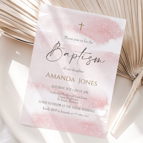 Pink Watercolor Baptism Invitation Template Baptism - Etsy