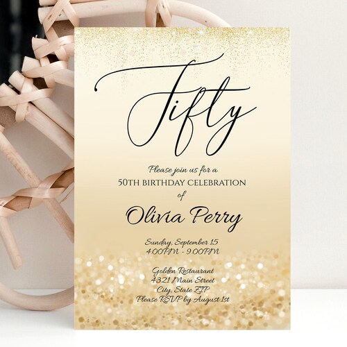 Printable Fifty Gold Glitter Editable 50th Birthday Invitation - Etsy