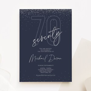 Printable Blue Navy Silver 70th Seventy BIRTHDAY Invitation Template ...