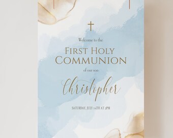 Blue and Gold Editable First Holy Communion Welcome Sign, Boy First ...
