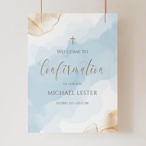Boy Confirmation Welcome Sign Template, Printable Blue Gold Watercolor ...