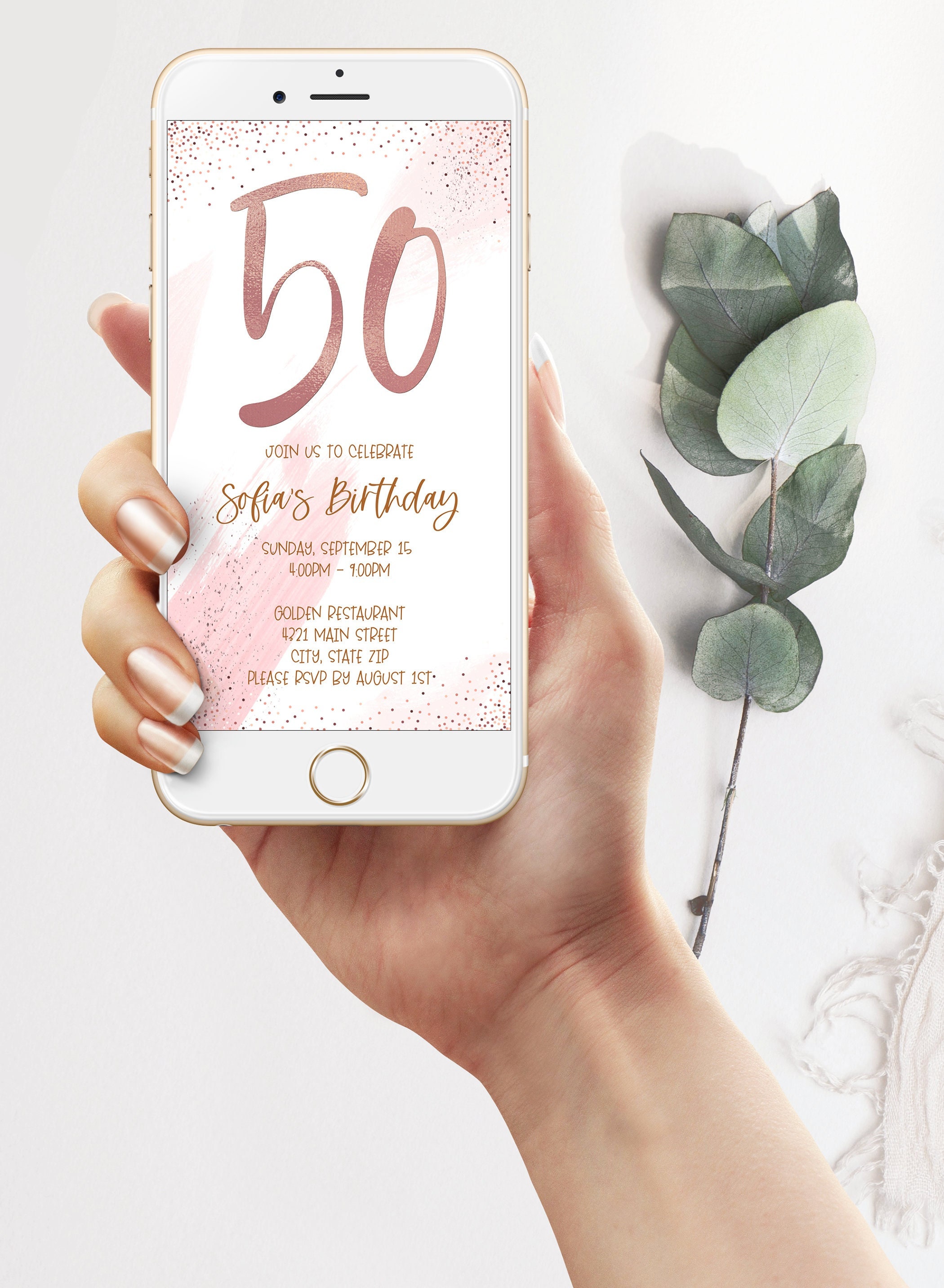 Electronic 50th Birthday Text Invitation Template Rose Gold - Etsy