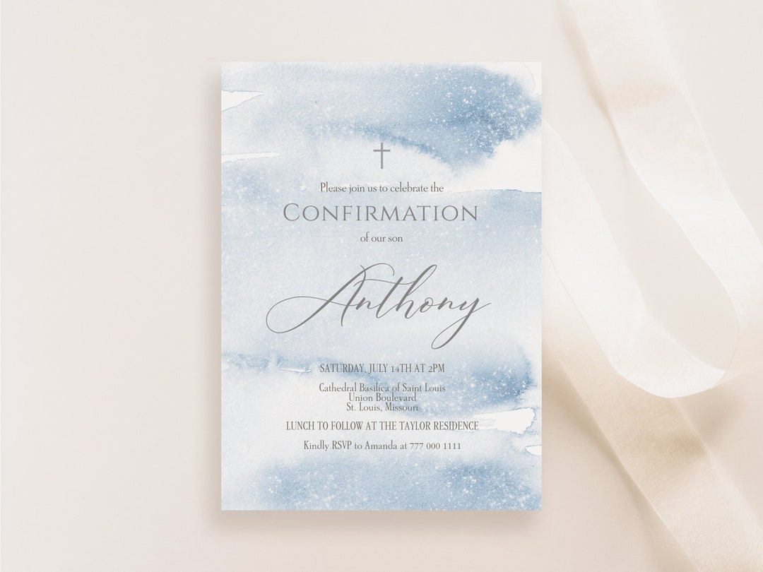 Printable Boy Confirmation Invitation Template, Blue Silver Watercolor ...