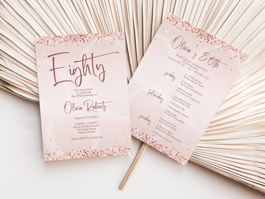 Printable Rose Gold 80th Eighty Birthday Weekend Itinerary Template ...