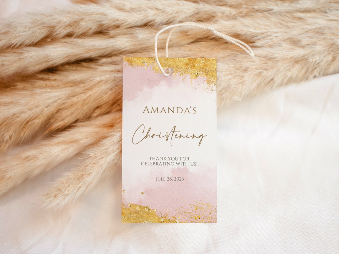 Printable Girl Christening Thank You Tag Template, Pink Gold Watercolor ...