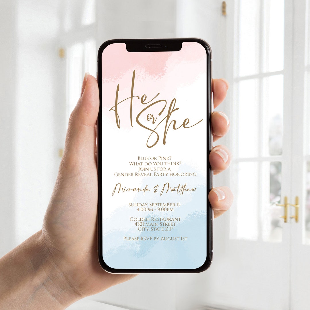 Digital He or She Gender Reveal Invitation Template, Electronic Boy or ...