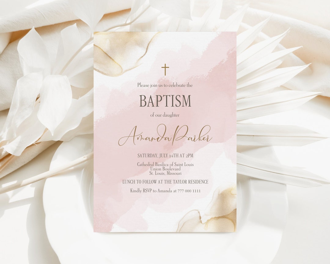 Printable Pink Girl Baptism Invitation Template, Editable Baby Pink ...