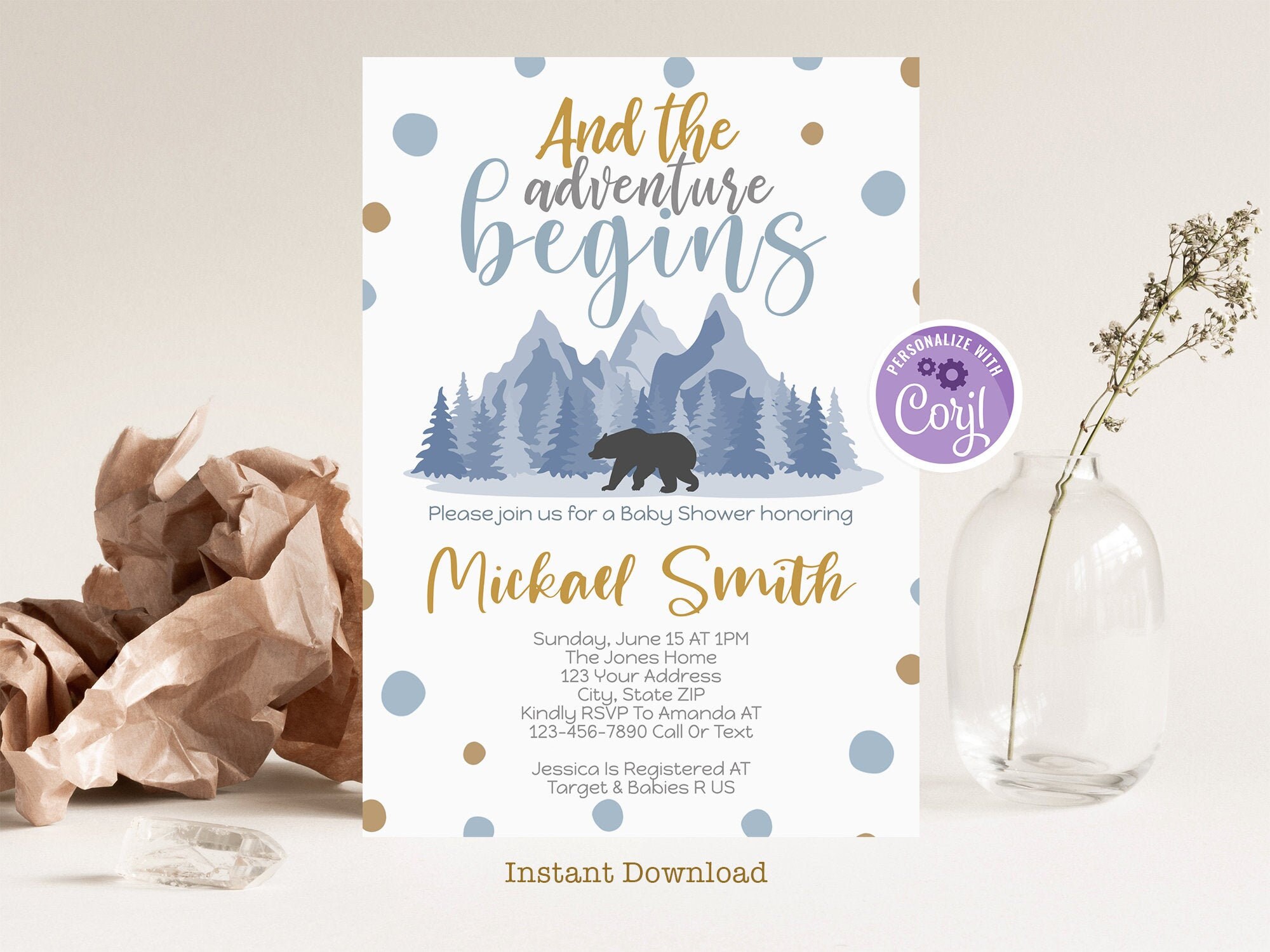 ADVENTURE BEGINS Bear Baby Shower Invitation Boy Adventure | Etsy