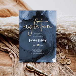 Blue Gold 18th Eighteen Birthday Invitation Template, Printable Navy ...