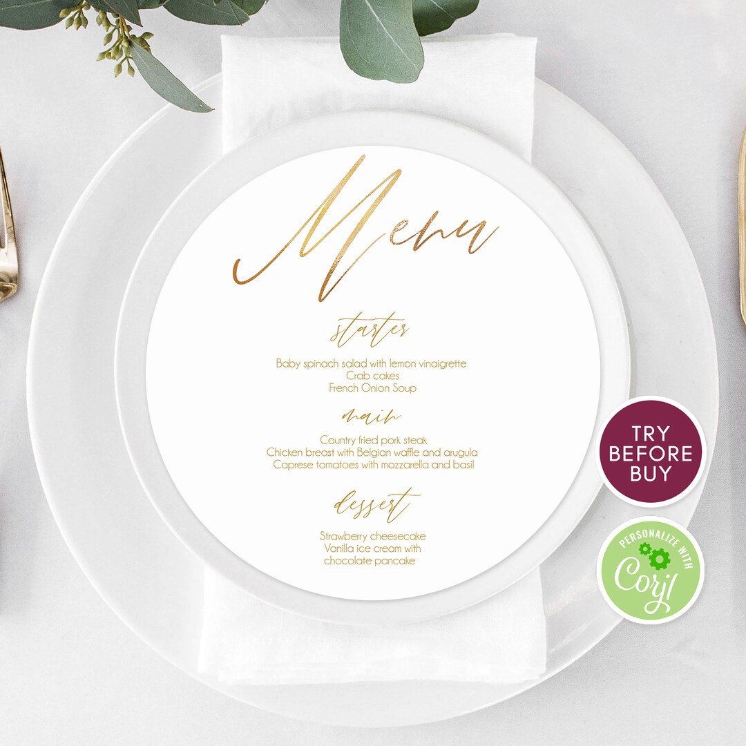 Round Wedding Menu, Editable Gold Wedding Menu, Circle Menu Template ...