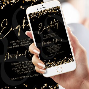 Digital Black Gold Eighty 80th Birthday Invitation Template, Electronic ...