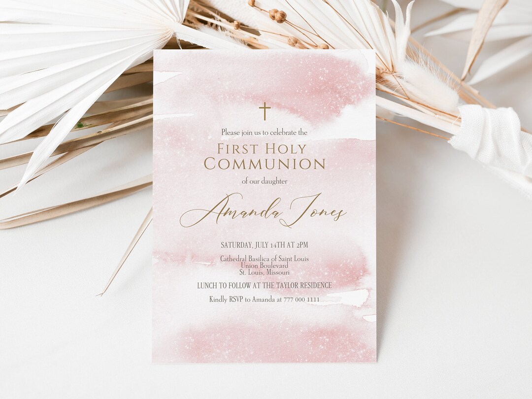 Pink Watercolor First Communion Invitation Template, Printable Girl ...
